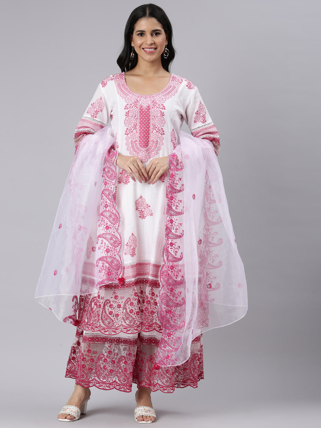 Neerus Maroon Panelled Straight Embroidered Kurta and Palazzos With Du ...