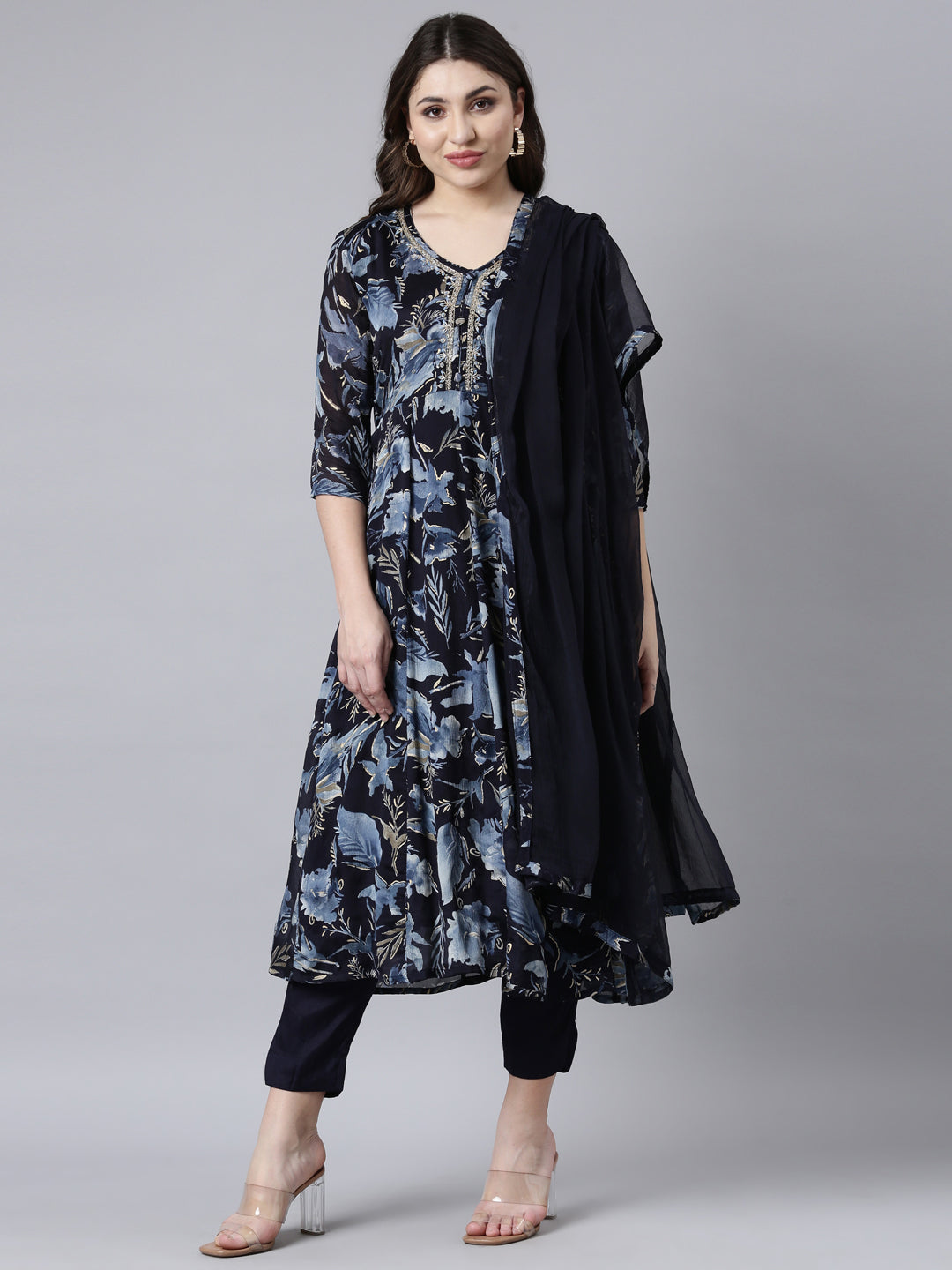 Neerus Navy Blue Regular Straight Floral Kurta And Trousers With Dupat ...