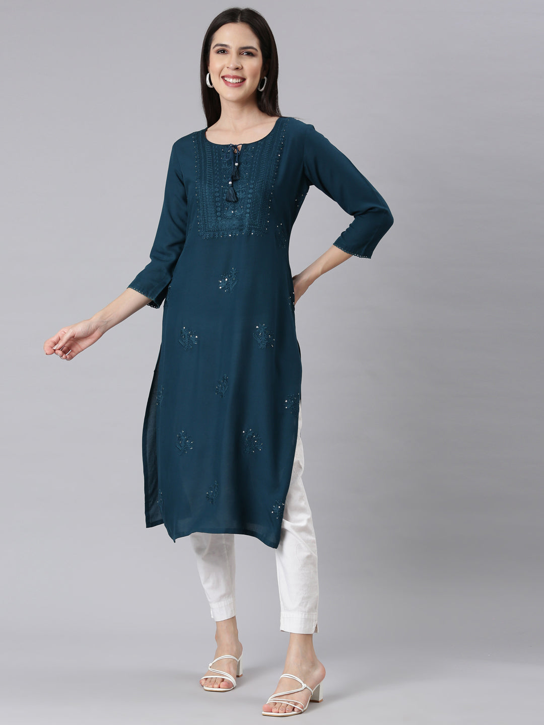 Neerus Peacock Panelled Straight Embellished Kurtas – Neerus India