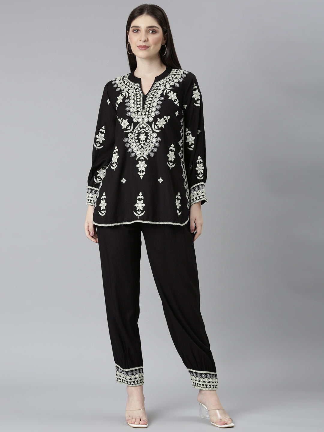Neerus Black Regular Straight Solid Top And Trousers – Neerus India