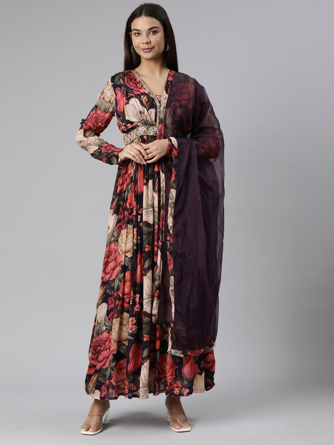 Neerus White Floral Printed Flared Dress for Casual Daily Wear Women ...