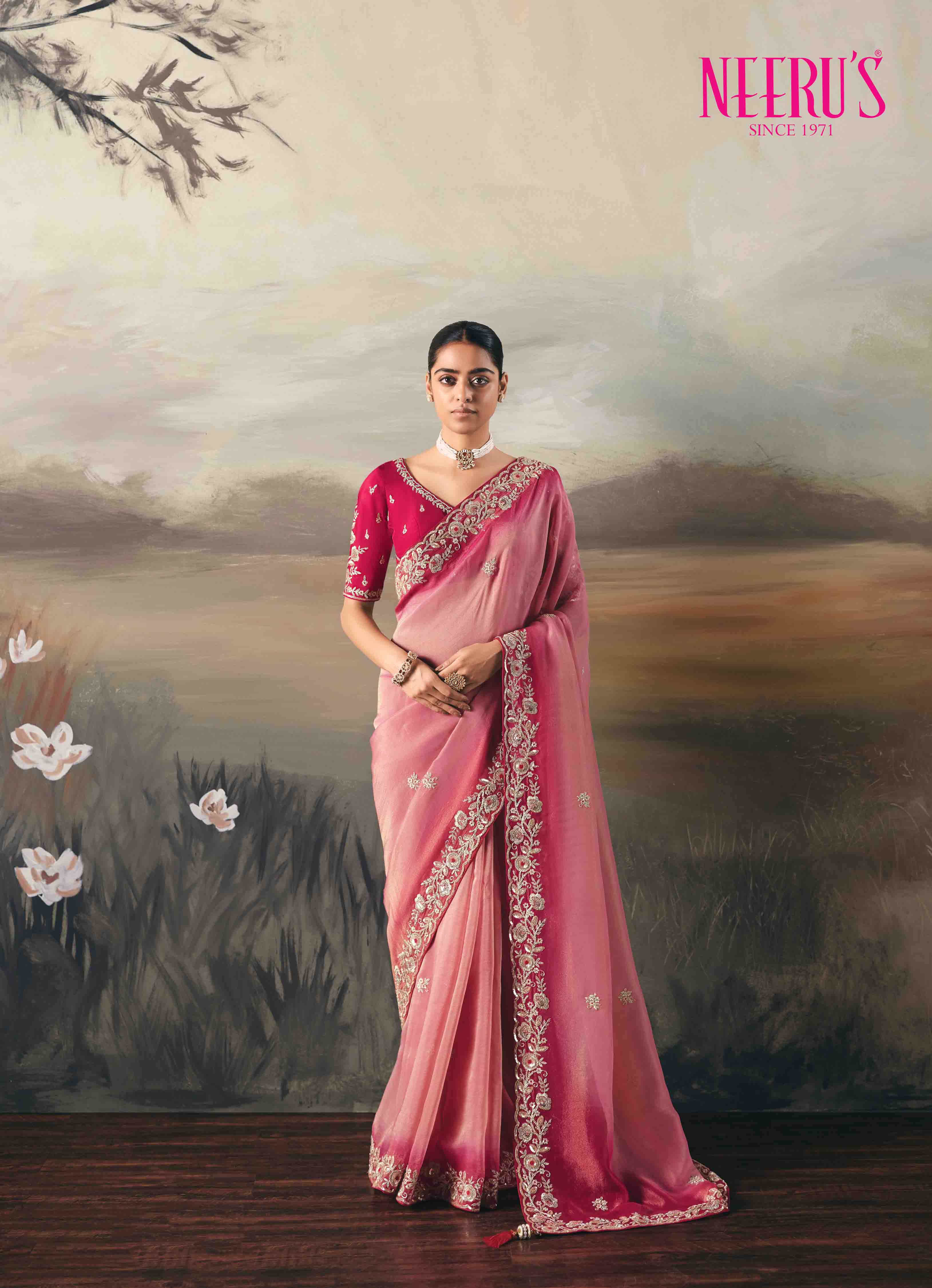 Pink Tissue Saree With Hand Embroidery Work – Neerus India