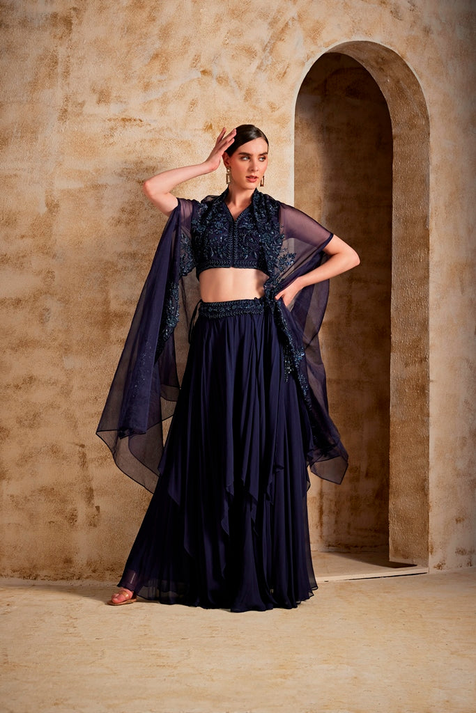Neeru's Navy Blue Color Organza Fabric Fusion Set – neerus-india