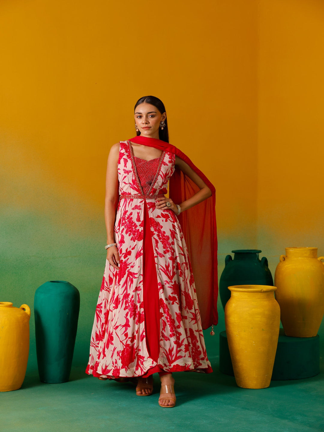 Neerus Rani Pink Floral Embroidery Chinon Fabric Kurta and Trouser wit ...