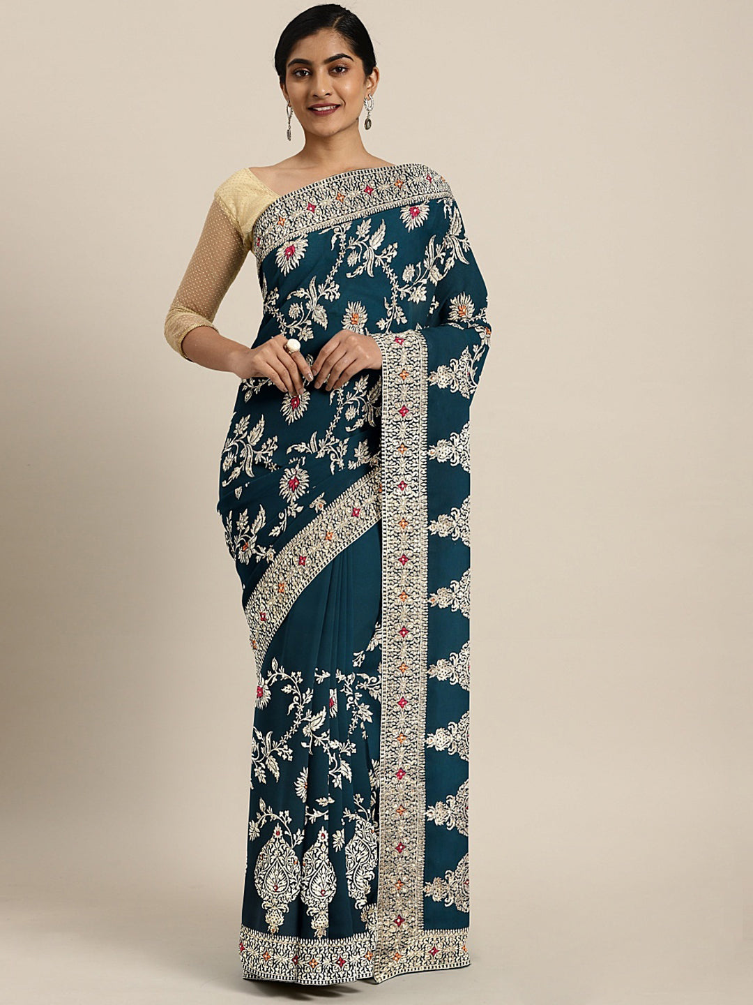 Neerus Blue Printed Poly Georgette Saree – Neerus India