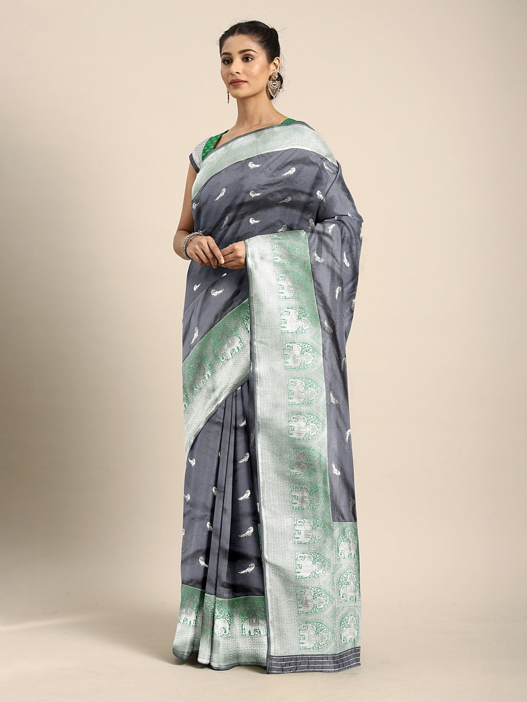 Neerus Charcoal Grey Silver-Toned Pure Silk Woven Design Saree – Neerus ...