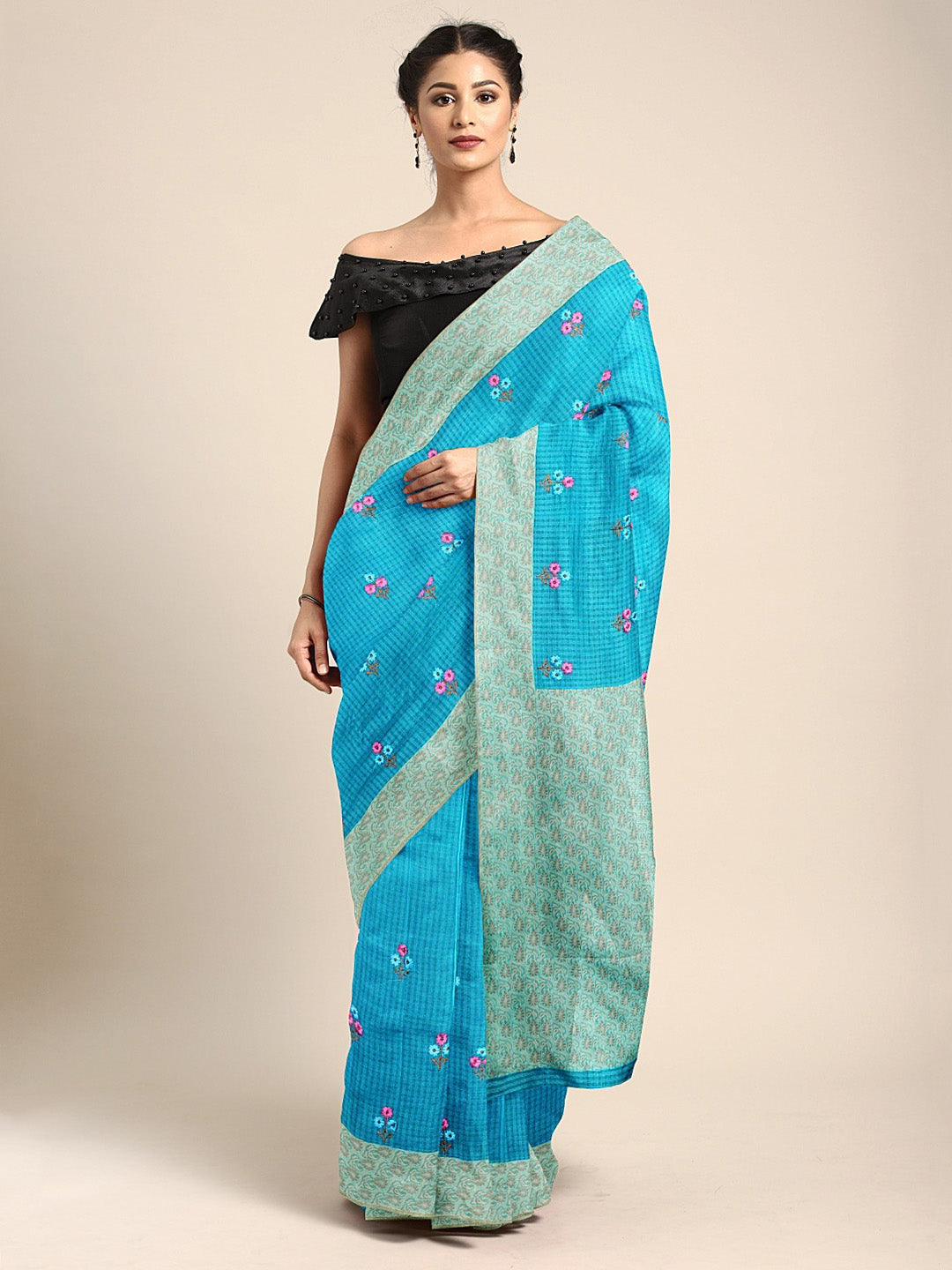Neerus Blue Ethnic Embroidered Silk Straight Saree - Saree + Blouse ...