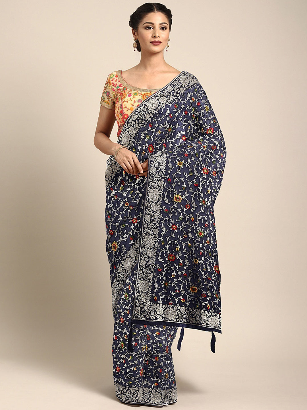 Neeru's Navy Blue Color Banaras Fabric Saree – neerus-india